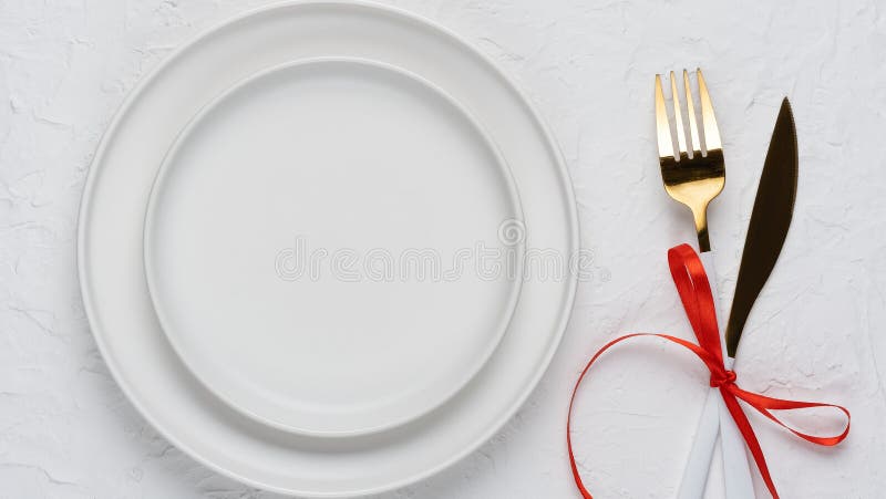 Elegance Table Setting with Red Ribbon on White Board. Romantic Dinner ...