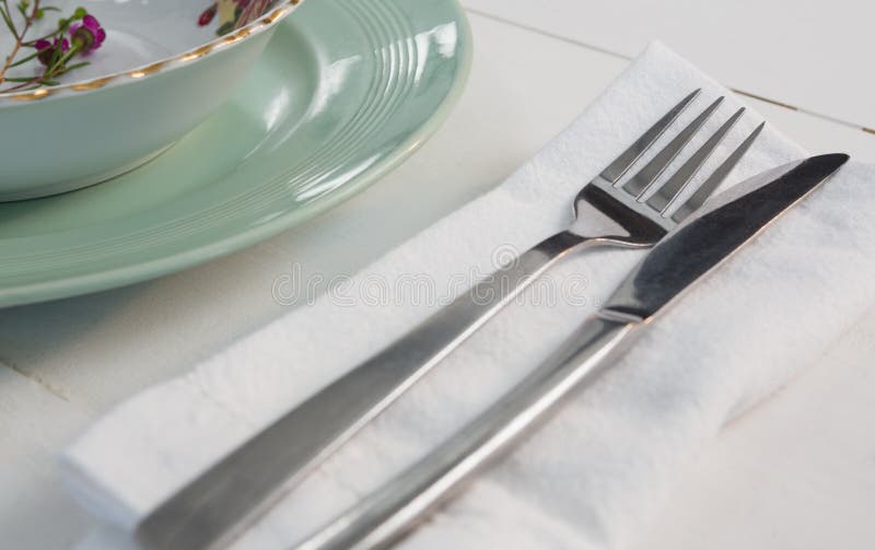 Elegance Table Setting on Wooden Plank Stock Photo - Image of bowl ...