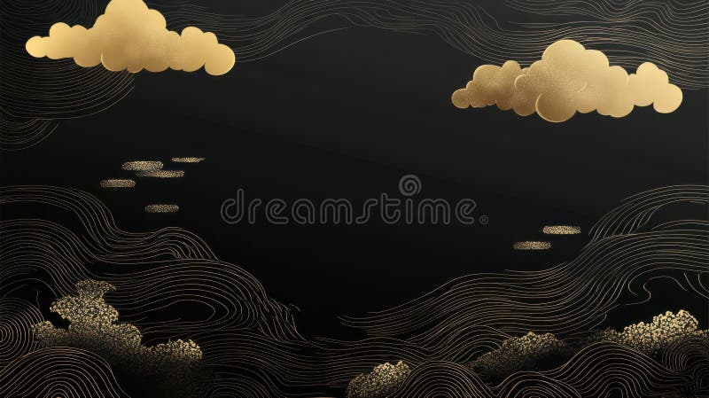 Elegant Abstract Art with Gold Clouds and Waves on Black Background ...