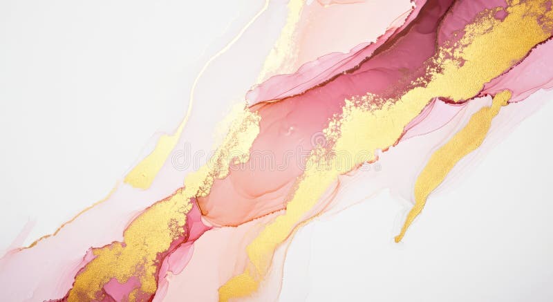 Elegant Abstract Art with Pink and Gold Flowing Ink Patterns on White ...