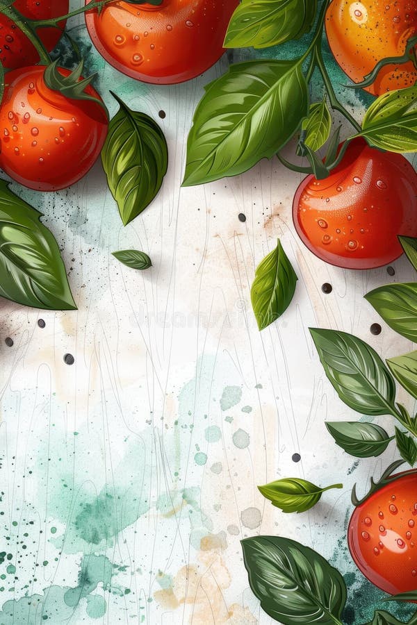 Elegant Abstract Background Featuring Fresh Tomatoes and Basil Leaves ...