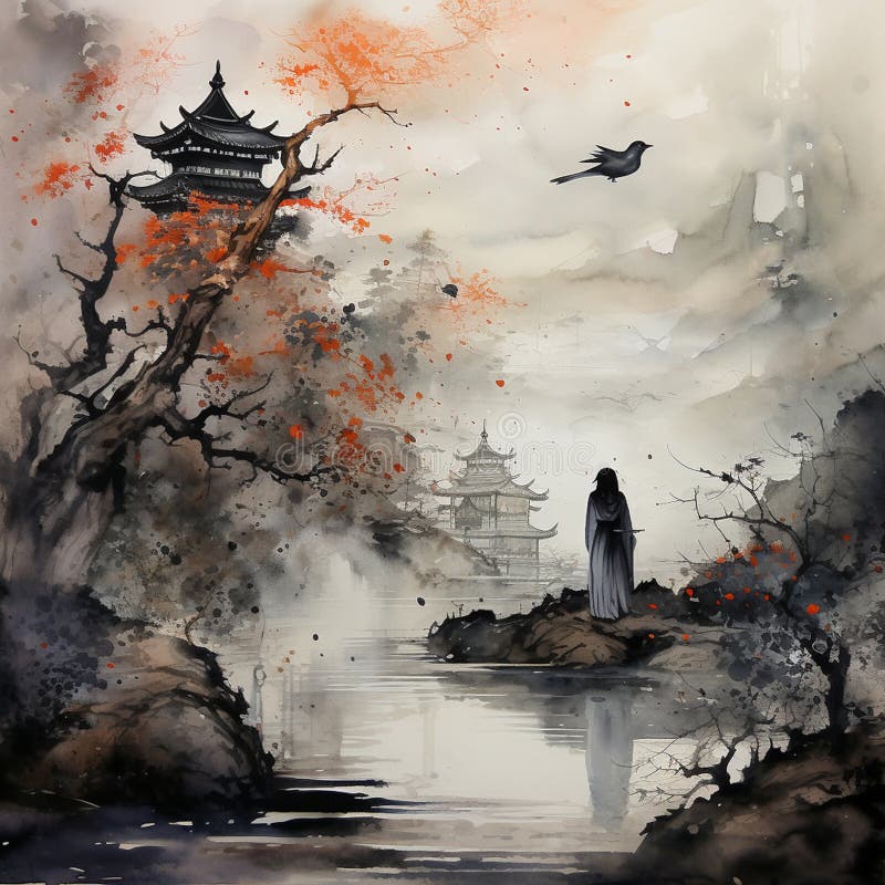 Elegant Abstract Sumi-e Ink Painting Stock Illustration - Illustration ...