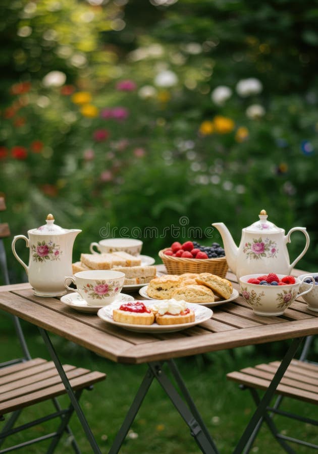 Elegant Afternoon Tea in a Blooming Garden Stock Illustration - Illustration of dessert, teapot ...