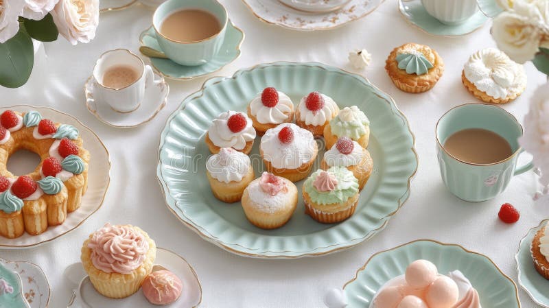 Elegant Afternoon Tea with Delicate Cupcakes and Pastel Tea Set Stock ...