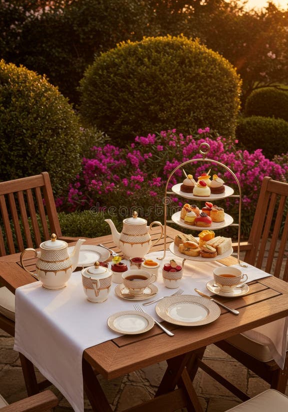 Elegant Afternoon Tea in a Garden Setting at Sunset Stock Illustration ...