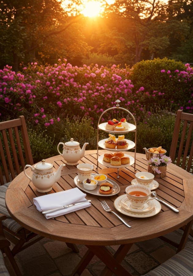 Elegant Afternoon Tea in a Garden at Sunset Stock Illustration ...