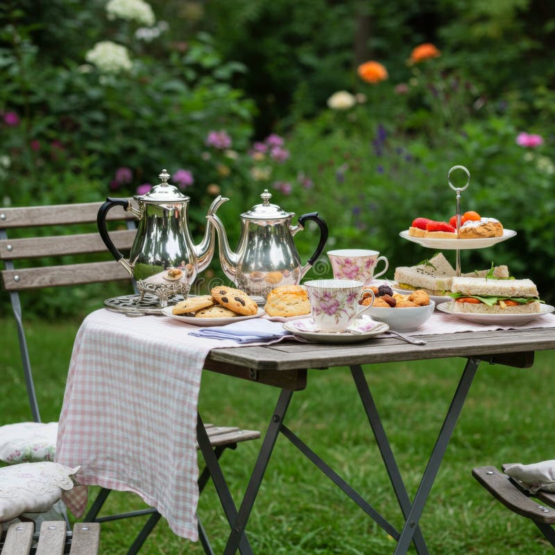 Elegant Afternoon Tea Party in a Lush Garden Setting Stock Illustration ...