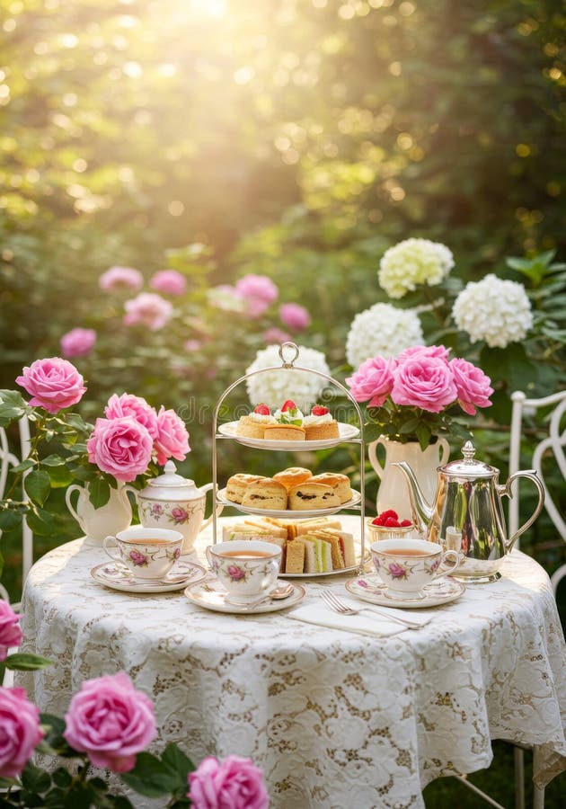 Elegant Afternoon Tea Party in a Rose Garden Stock Illustration ...