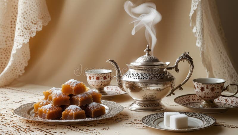 Elegant Afternoon Tea with Middle Eastern Sweets and Antique Silver ...