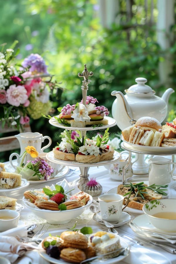 Elegant Afternoon Tea Setting with Floral Decorations Stock ...
