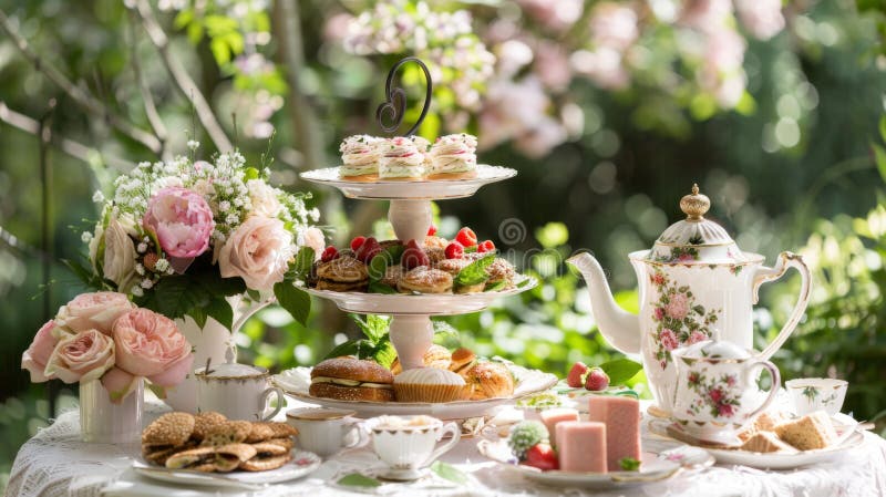 Elegant Afternoon Tea Setting with Floral Decorations Stock ...
