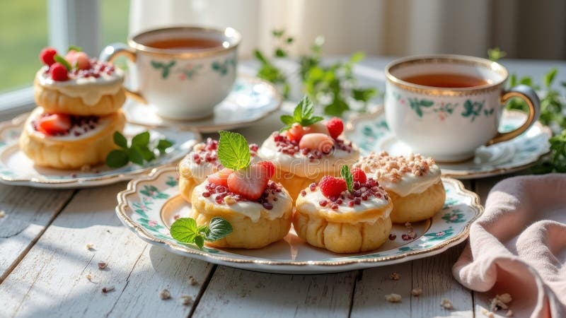 Elegant Afternoon Tea Setting with Pastries and Fresh Berries on Sunlit ...