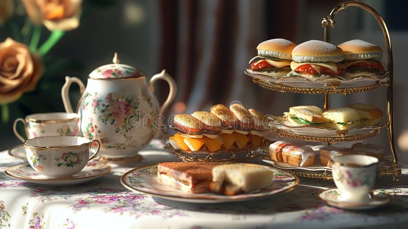 Elegant Afternoon Tea Setting with Sandwiches, Pastries, and Teacups ...