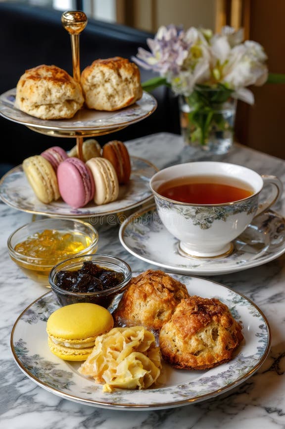 Elegant Afternoon Tea Setting with Scones, Macarons, and Tea on Marble ...
