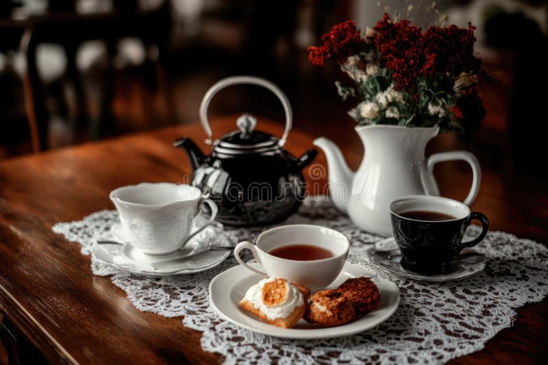 Elegant Afternoon Tea Setup with Black Teapot and Assorted Biscuits ...