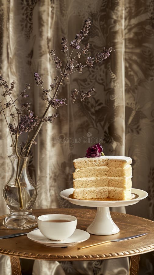 Elegant Afternoon Tea Setup with a Slice of Vanilla Layer Cake in a ...