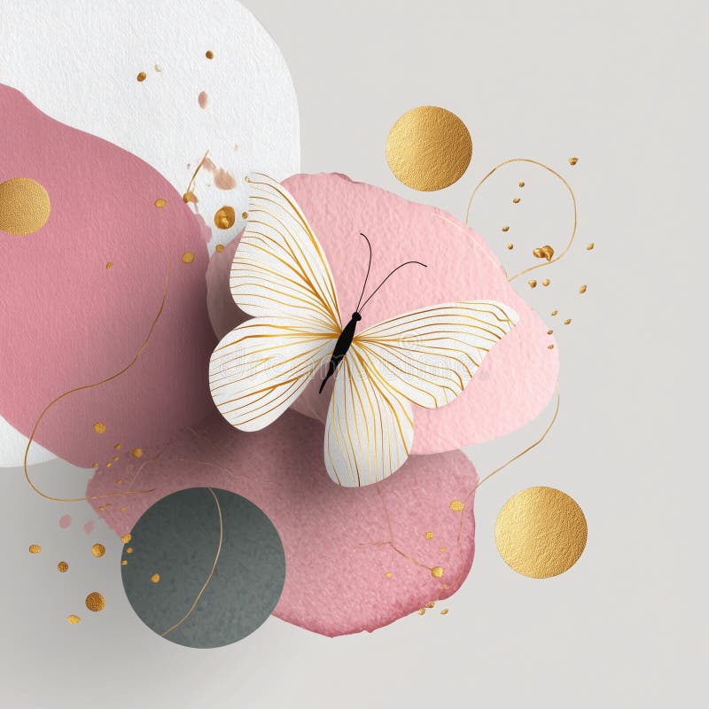 Minimalist White Butterfly on Soft Pink Abstract Background with Golden ...
