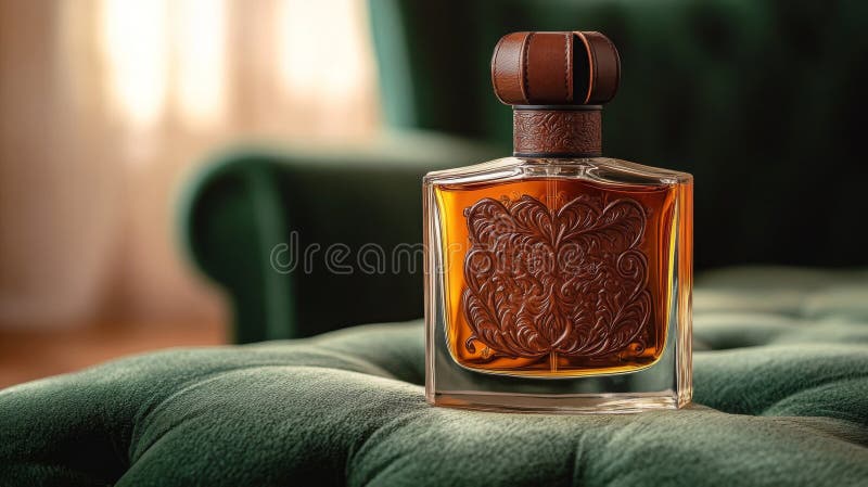 Elegant Amber Perfume Bottle with Leather Cap Rests on Velvet Stock ...