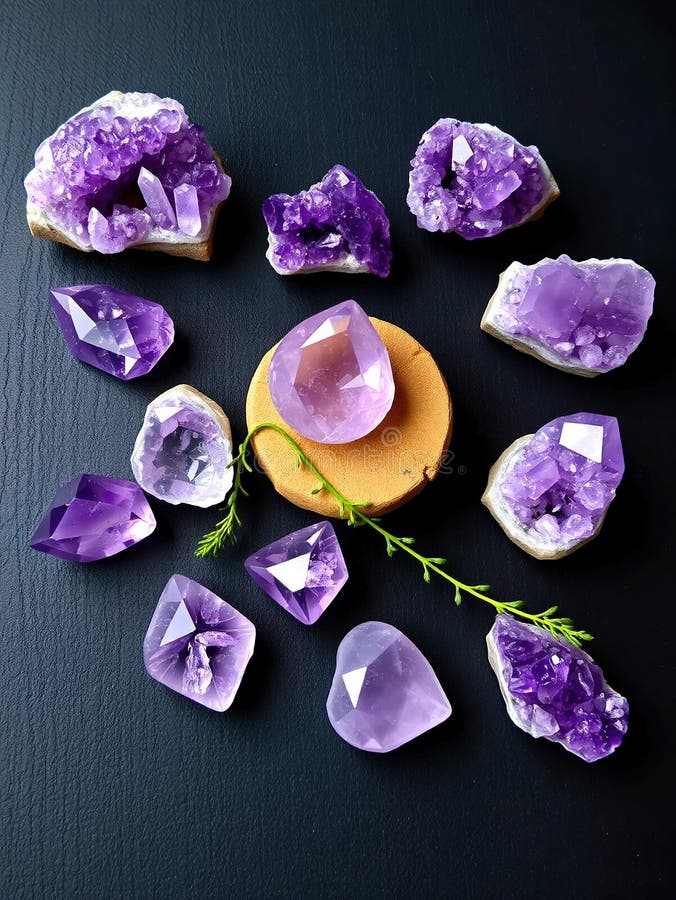 Elegant Amethyst Crystal Collection Displayed on Natural Wood Stock ...