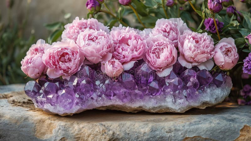 Elegant Amethyst Crystal with Pink Peonies Stock Image - Image of ...
