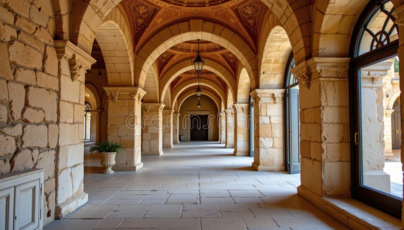 Elegant Ancient Palace Corridor with Arched Ceilings and Stone Walls ...