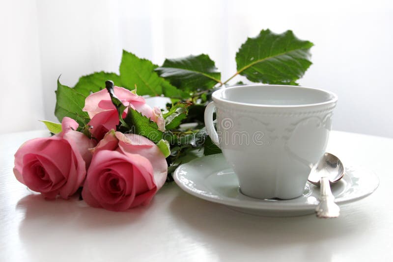Elegant Antique Tea Cup and Pink Roses Stock Photo - Image of water ...