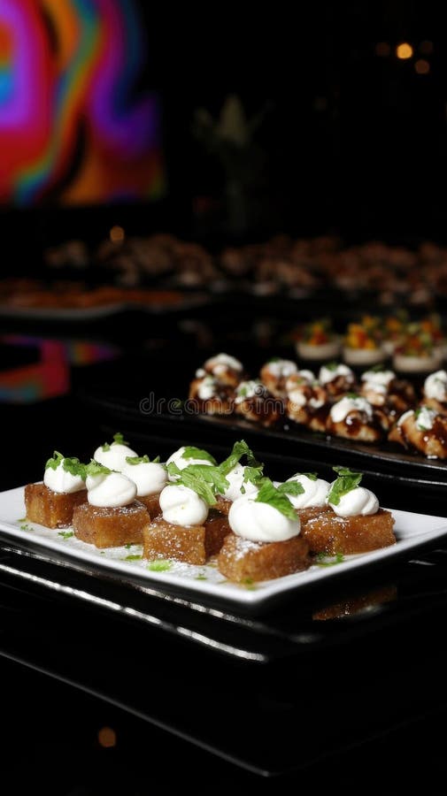 Elegant Appetizers with Cream Topping on Black Platter in Dim Lighting ...