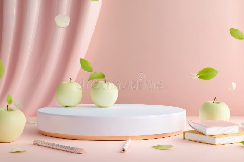 Elegant Apple Display with Pastel Background and Floating Leaves Stock ...
