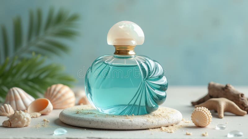 Elegant Aqua Perfume Bottle Displayed with Seashells and a Coastal ...