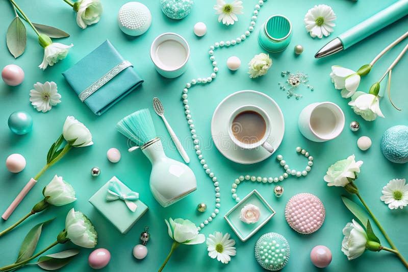 Elegant Aqua and White Feminine Objects a TiltShift Flatlay Composition ...