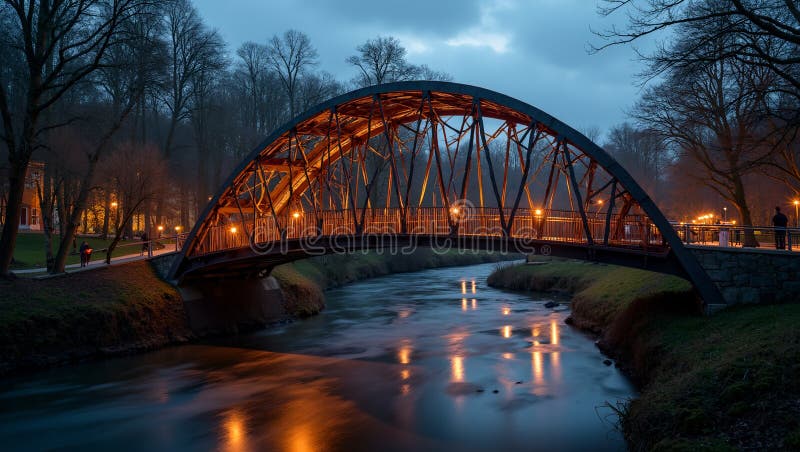 Elegant Arched Bridge Over River with Illuminated Path at Night Stock ...