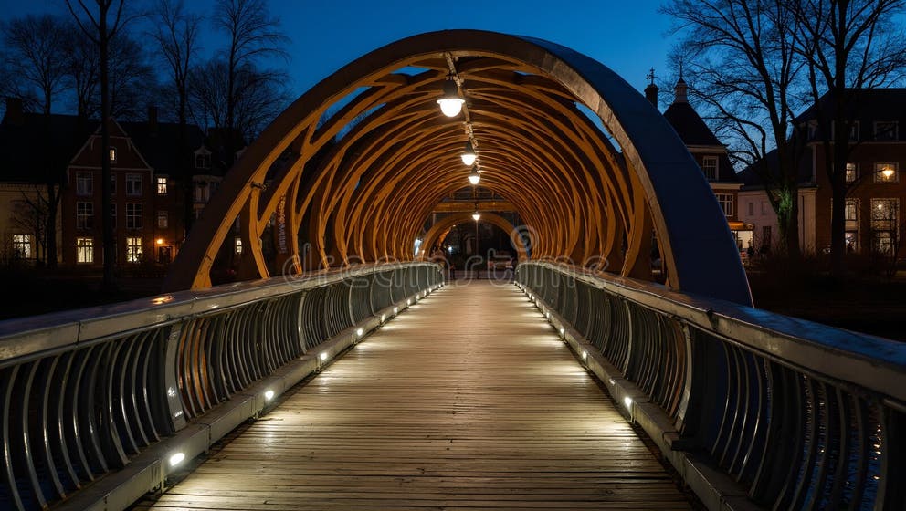 Elegant Arched Bridge Over River with Illuminated Path at Night Stock ...