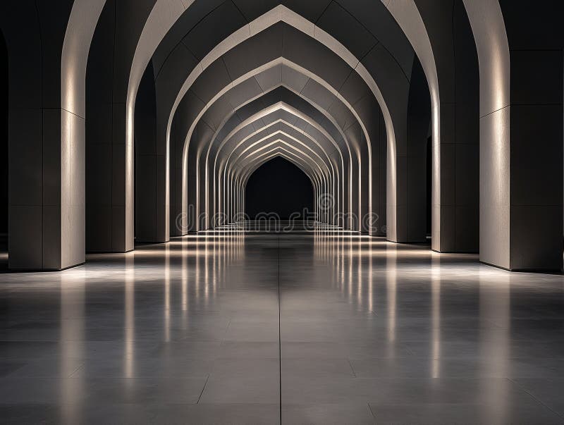 Elegant Arched Hallway with Reflective Flooring and Column Illumination ...