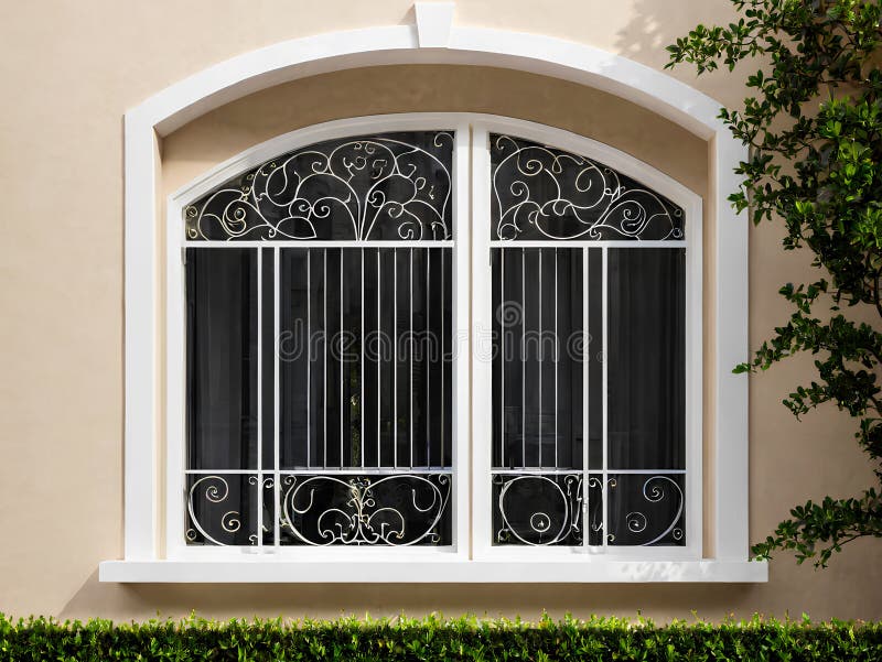 Elegant Arched Window with Decorative White Iron Bars and Lush Greenery ...