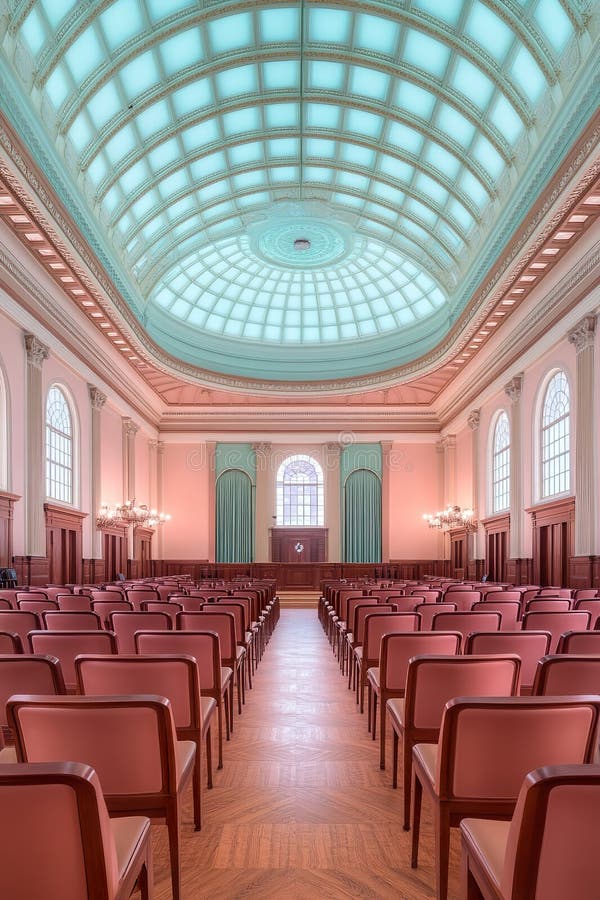 Elegant Architectural Interior with Rows of Chairs and Arched Windows ...