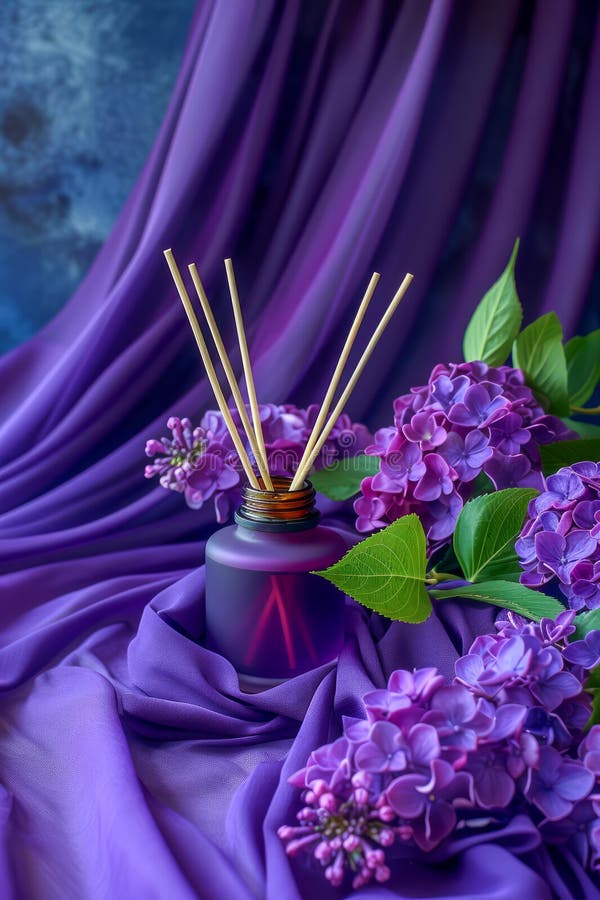 Elegant Aromatherapy Diffuser with Bamboo Sticks and Purple Hydrangeas ...