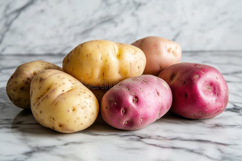 Elegant Arrangement of Assorted Potato Types on a Marble Surface in ...