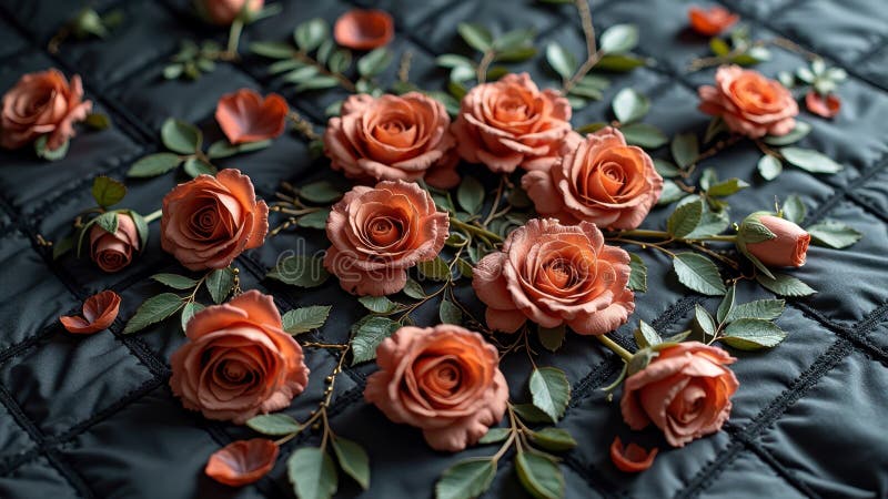 Elegant Arrangement of Coral Roses on Quilted Fabric Surface Stock ...