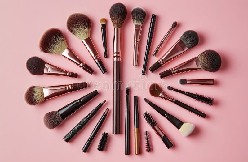 Elegant Arrangement of Diverse Makeup Brushes in a Circular Layout on a ...