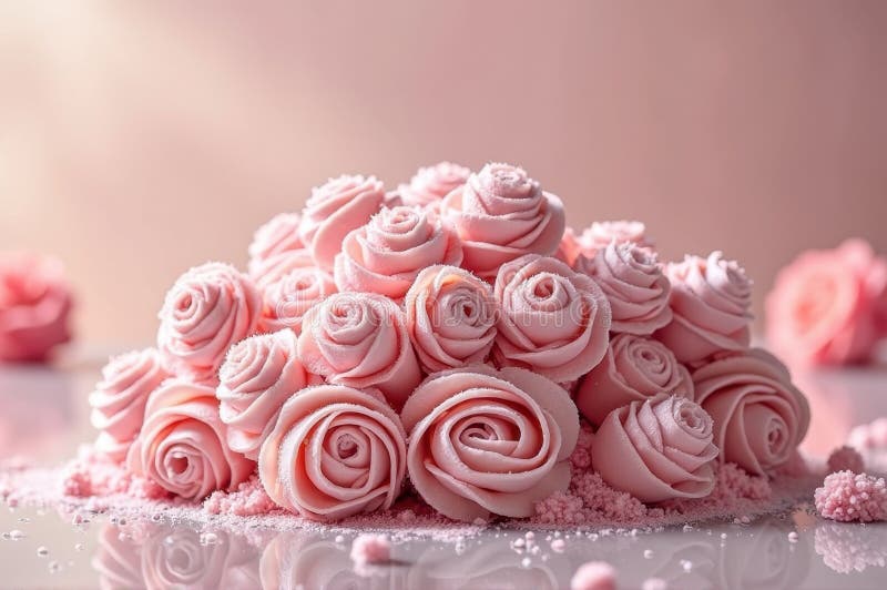 Elegant Arrangement of Pink Rose-shaped Meringues with Sugar Crystals ...