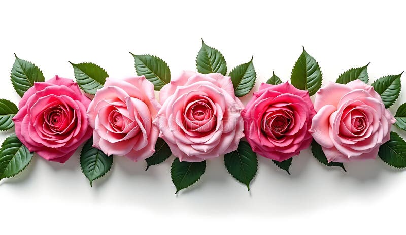 Elegant Array of Pink Roses and Lush Green Leaves Arranged Horizontally ...