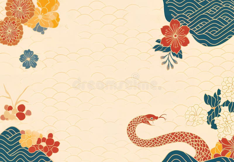 Elegant Asian Inspired Background Red Snake Flowers and Wave Pattern ...