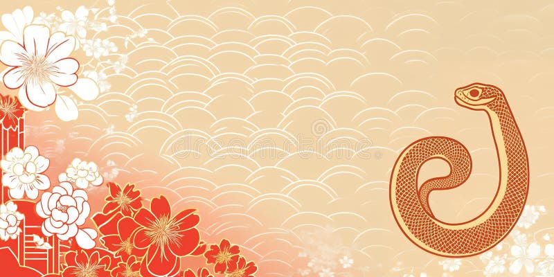 Elegant Asian Inspired Design Red Flowers Snake and Water Pattern ...