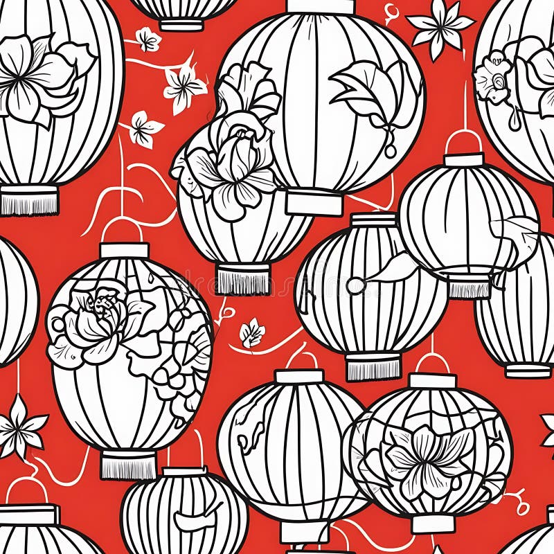 Elegant Asian Lanterns Pattern Red Background Floral Design Stock ...
