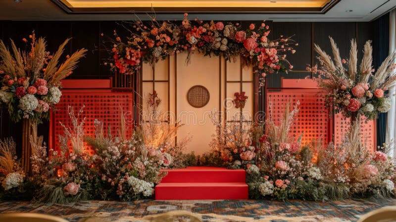 Elegant Asian Wedding Ceremony Floral Arch Setup Stock Illustration ...