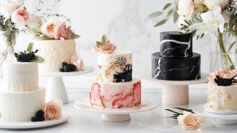 Elegant Assorted Cake Display with Floral and Marble Designs Stock ...
