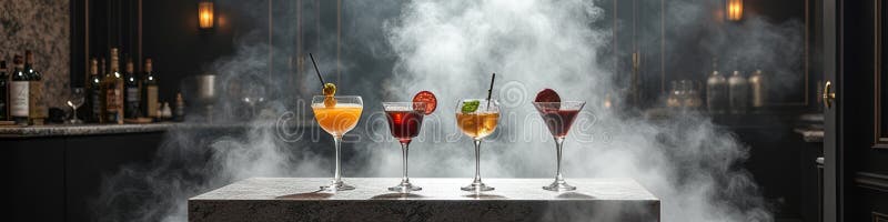 Elegant Assorted Cocktails on Marble Surface in Smoky Bar Ambiance ...