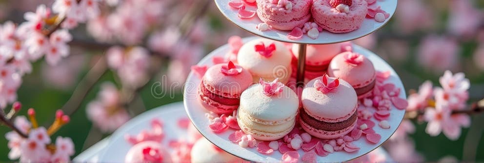 Elegant Assorted Macarons Display with Cherry Blossom Decor in Outdoor ...
