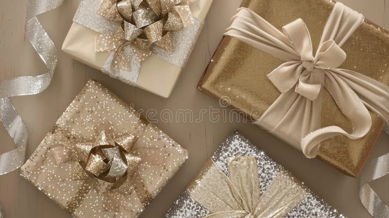 Elegant Assortment of Sparkling Gold and Silver Gift Boxes Stock Photo ...