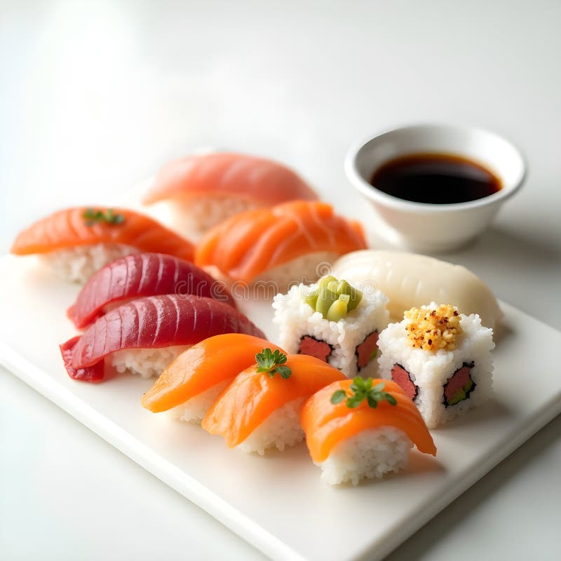 Elegant Assortment of Sushi with Soy Sauce in a Refined Culinary Presentation Stock Illustration ...